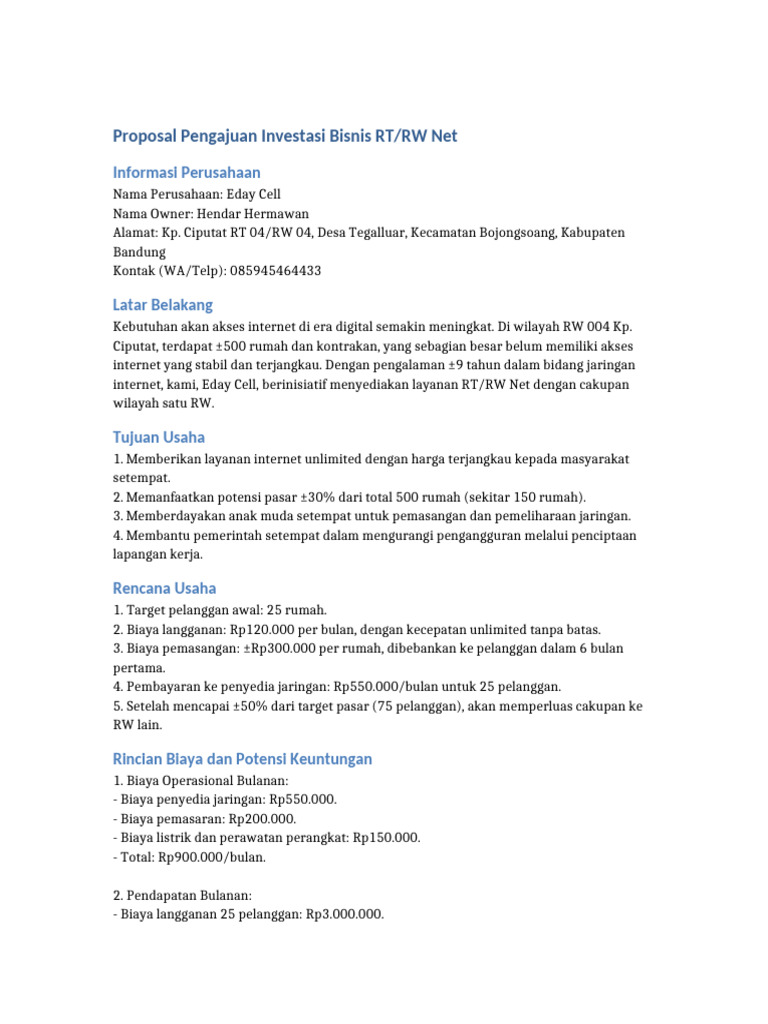 Proposal_Investasi_RT_RW_Net_Eday_Cell (1) | PDF