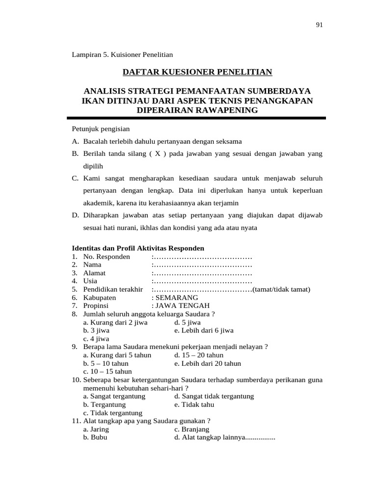 Lampiran Kuisioner (CONTOH) | PDF
