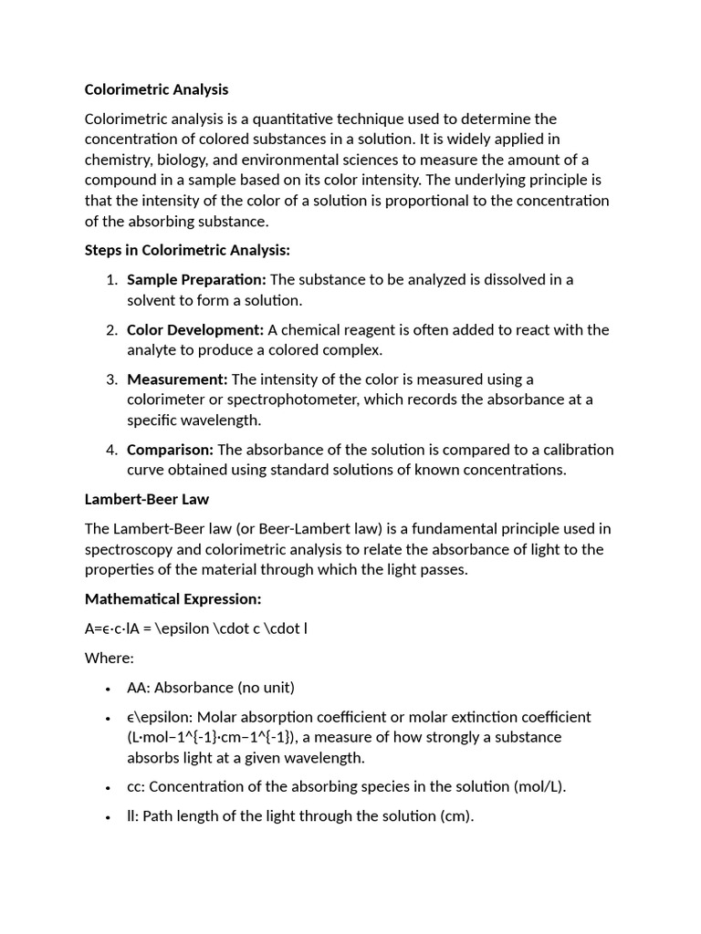 Calorimetric Analysis and Lambert Beer Law Explained | PDF | Absorbance | Physical Chemistry