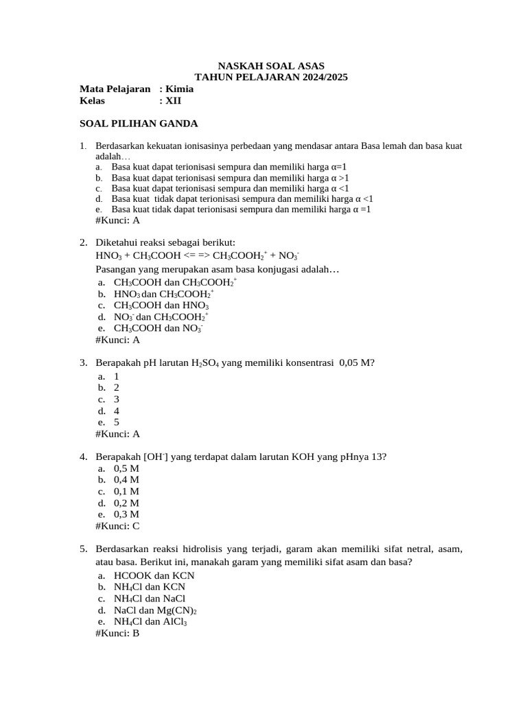 Soal Asas Kimia Kelas Xii Smas Pgri Ciawi | PDF