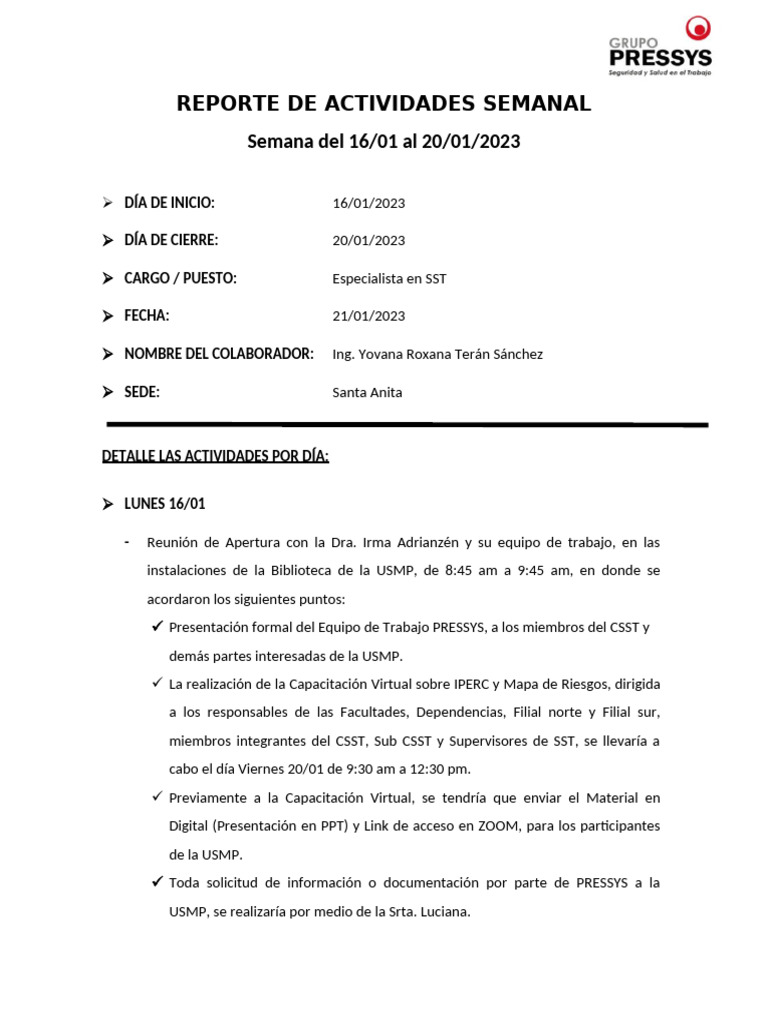 REPORTE DE ACTIVIDADES SEMANAL | PDF