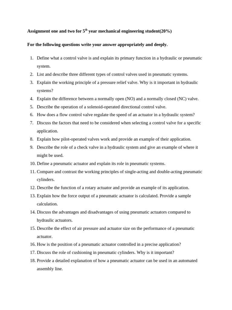 Assignment One and Two For 5th Year Mechanical Engineering Student | PDF | Actuator | Valve