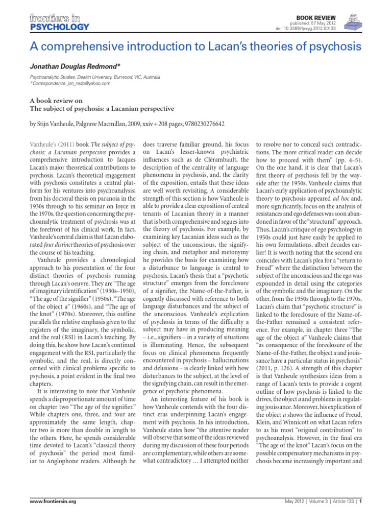A Comprehensive Introduction To Lacans Theories of Psychosis | PDF | Jacques Lacan | Psychoanalysis