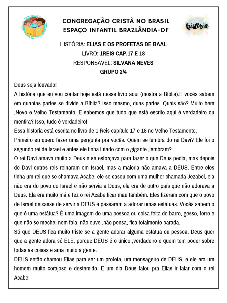 História - Elias e Os Profetas de Baal | PDF | Elias | Davi