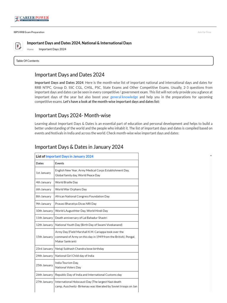 Important Days and Dates 2024, National & International Days | PDF