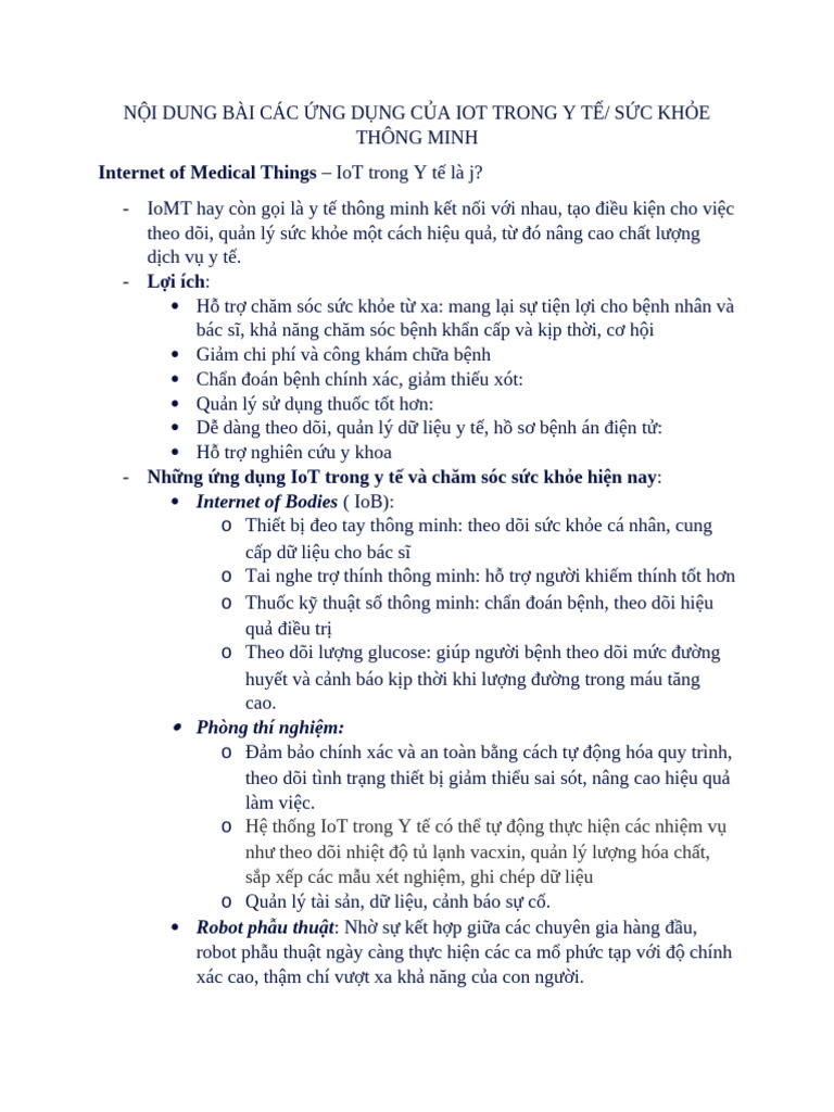 NỘI DUNG BÀI CÁC ỨNG DỤNG CỦA IOT TRONG Y TẾ | PDF