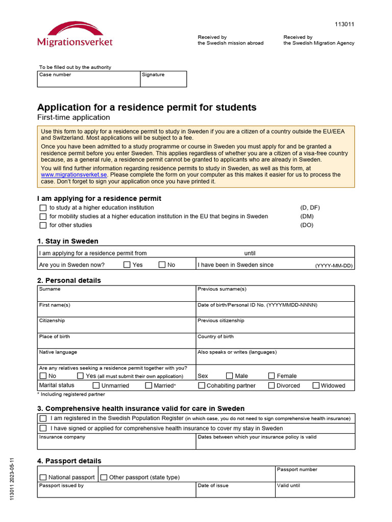 Sweden Student Residence Permit Application | PDF | Passport | Travel Visa