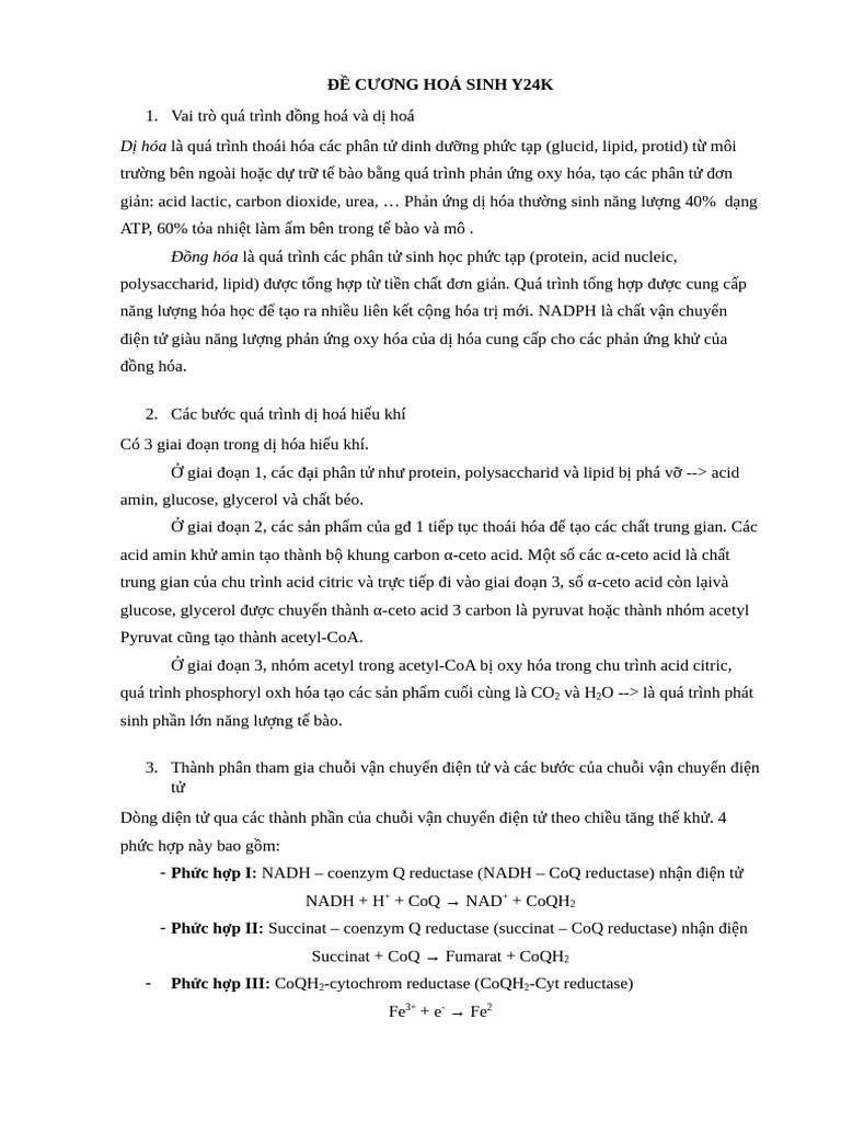 ĐỀ CƯƠNG HOÁ SINH Y24K | PDF