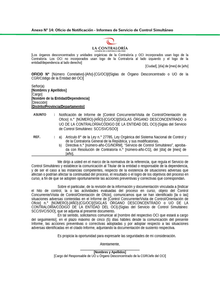 Anexo 14 - Oficio de Notificación - Informes de Servicio de Control Simultáneo | PDF | Justicia ...