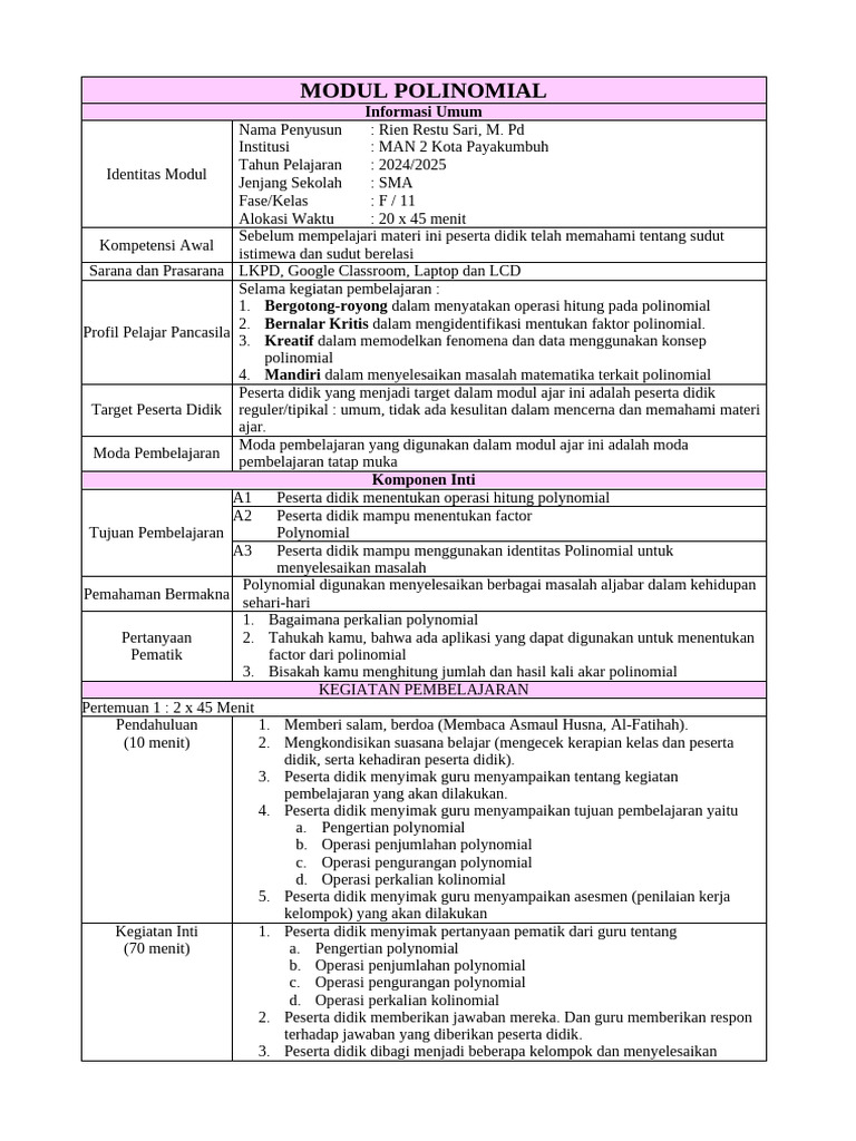 Modul Polinomial Matematika Lanjut Fase F | PDF