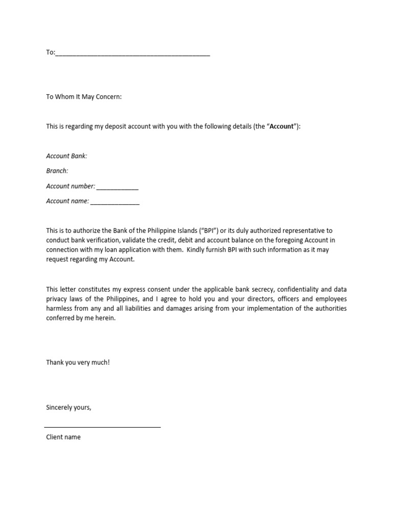 BPI Bank Account Verification Authorization | PDF