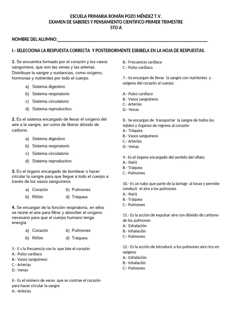 Examen de Saberes y Pensamiento Cientifico 1er Trimestre 5to | PDF ...