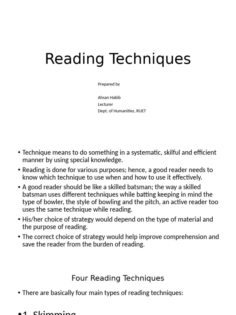 Reading Techniques | PDF | Speed Reading | Reading Comprehension Reading Techniques | PDF | Speed Reading | Reading Comprehension