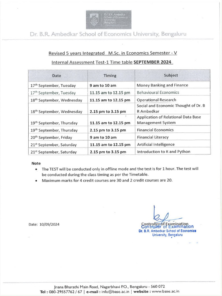 Revised 5TH Sem Test-1 Time Table Sept 2024 | PDF