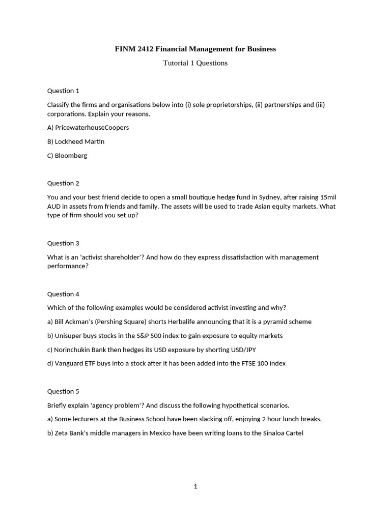 Financial Management Tutorial Questions | PDF