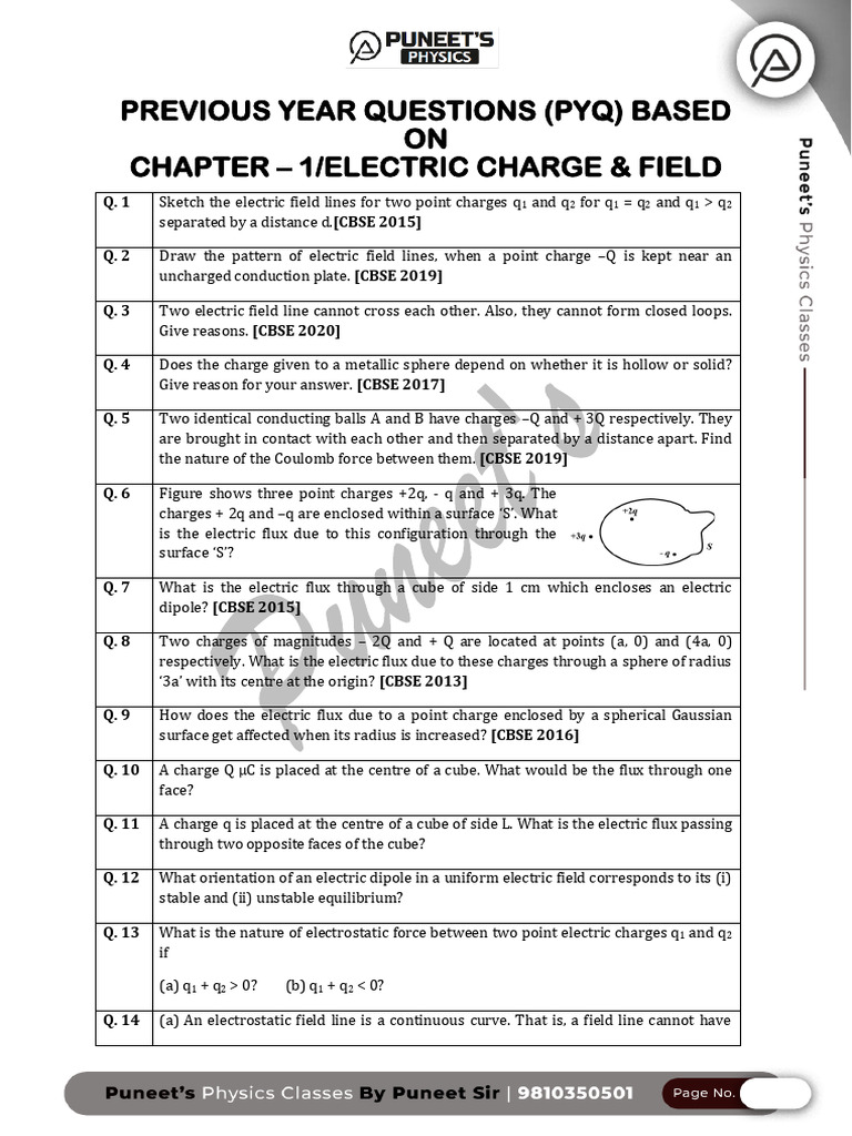 Previous Year Questions (Pyq) Based ON 1/electric Charge & Field | PDF ...