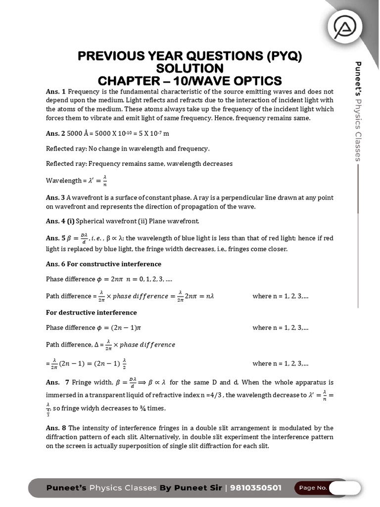 Previous Year Questions (Pyq) Solution 10/wave Optics | PDF | Diffraction | Wavelength