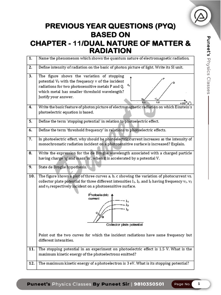 Previous Year Questions (Pyq) Based On Chapter - 11/dual Nature of Matter & Radiation | PDF ...