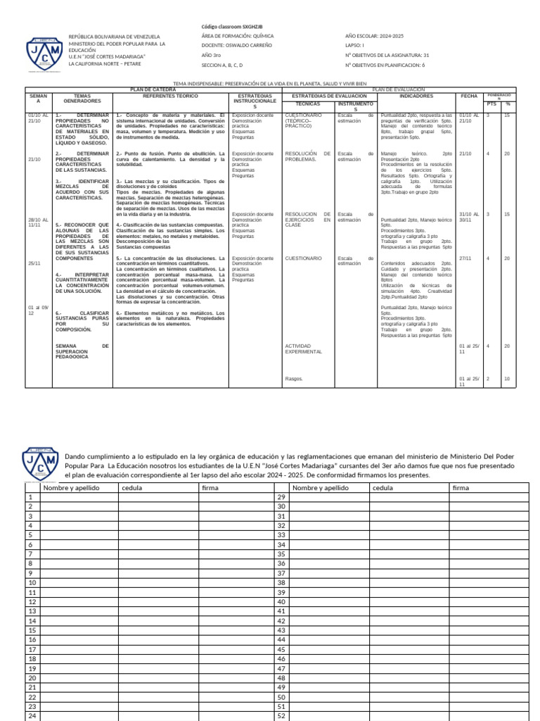 PLAN DE EVALUACION JCM I LAPSO 2023 2024 3ro | PDF | Mezcla | Concentración