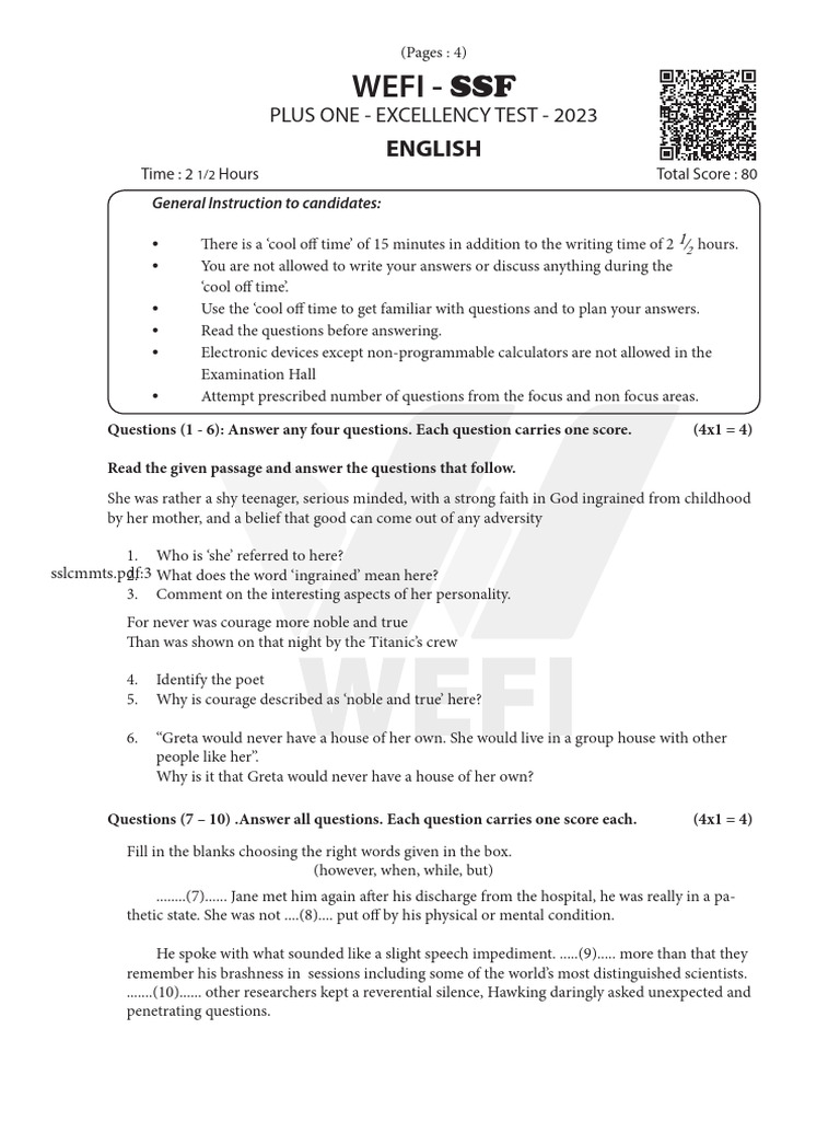 Plus One English Excellency Test 2023 | PDF