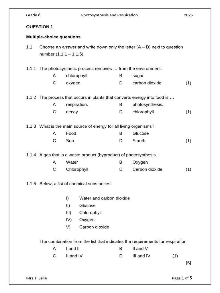 Grade 8 - Photosynthesis and Respiration (Homework Activity) | PDF ...
