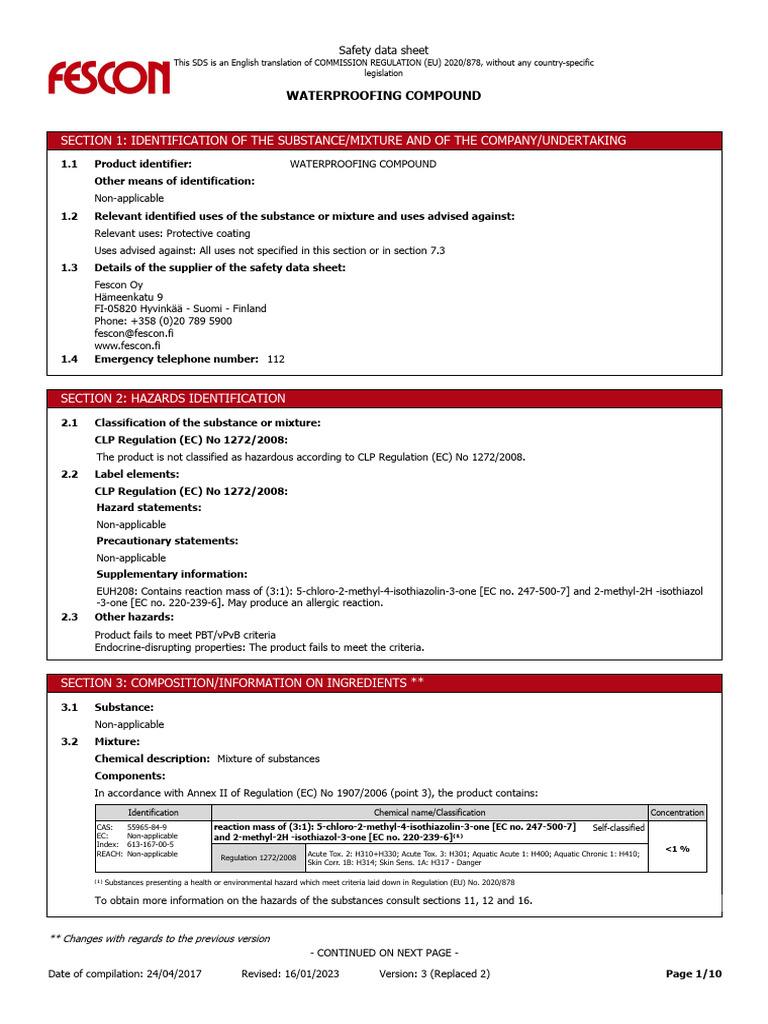 Safety Data Sheet Fescon WATERPROOFING COMPOUND en | PDF | Toxicity ...