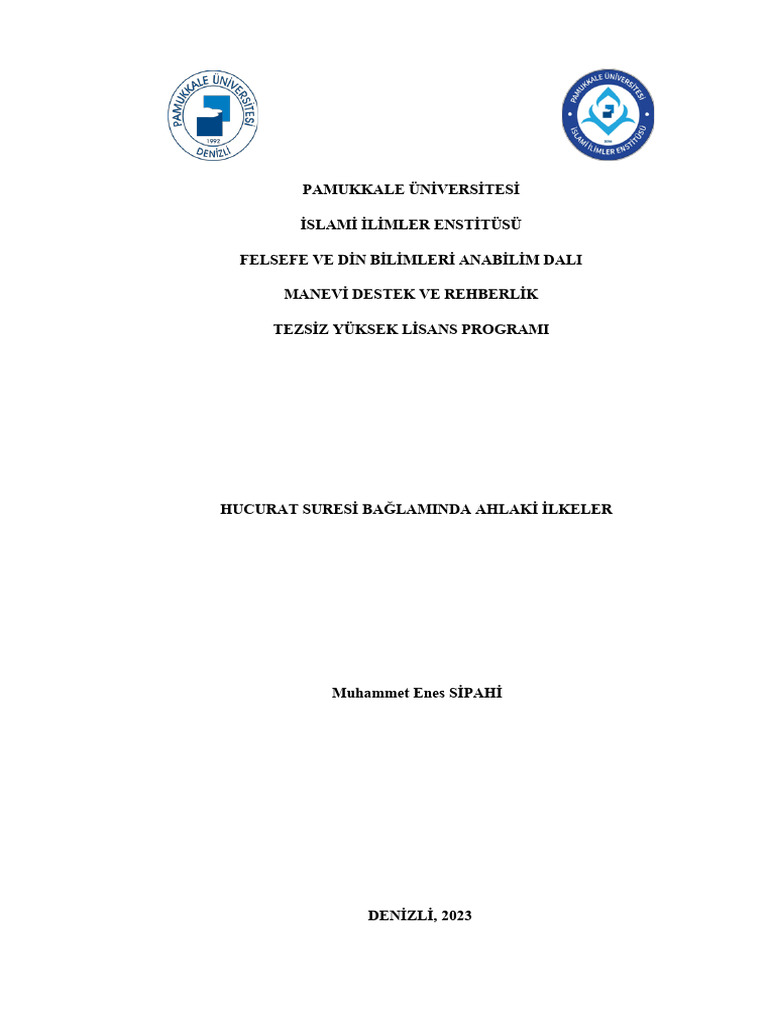 Muhammet Enes Sipahi - Hucurat Suresi Bağlamında Ahlaki Ilkeler CD1 | PDF