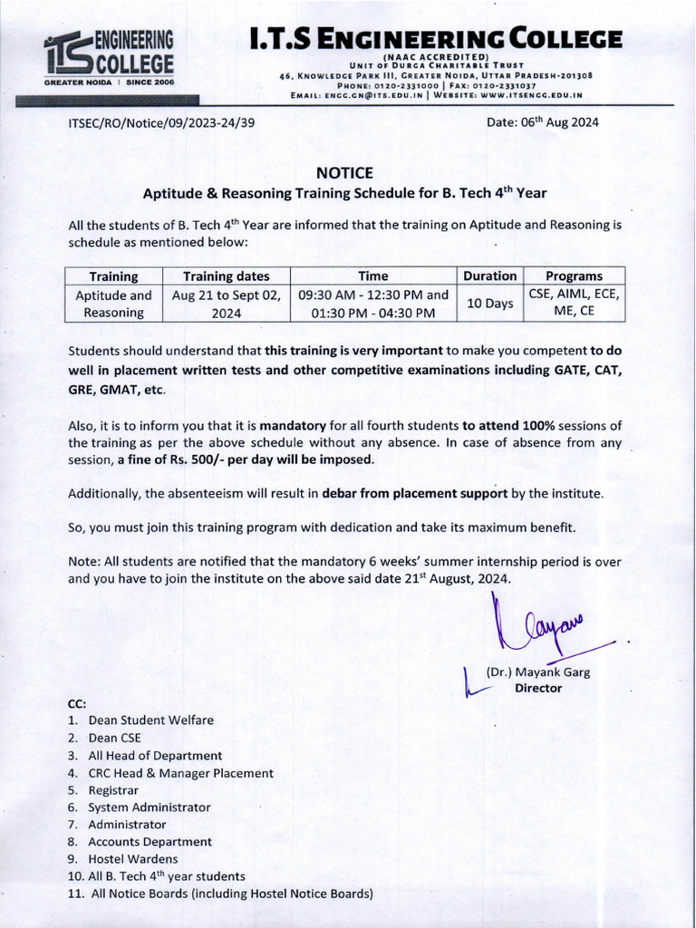 Encl. 39 - Regarding Aptitude & Reasoning Training Schedule For B.Tech ...