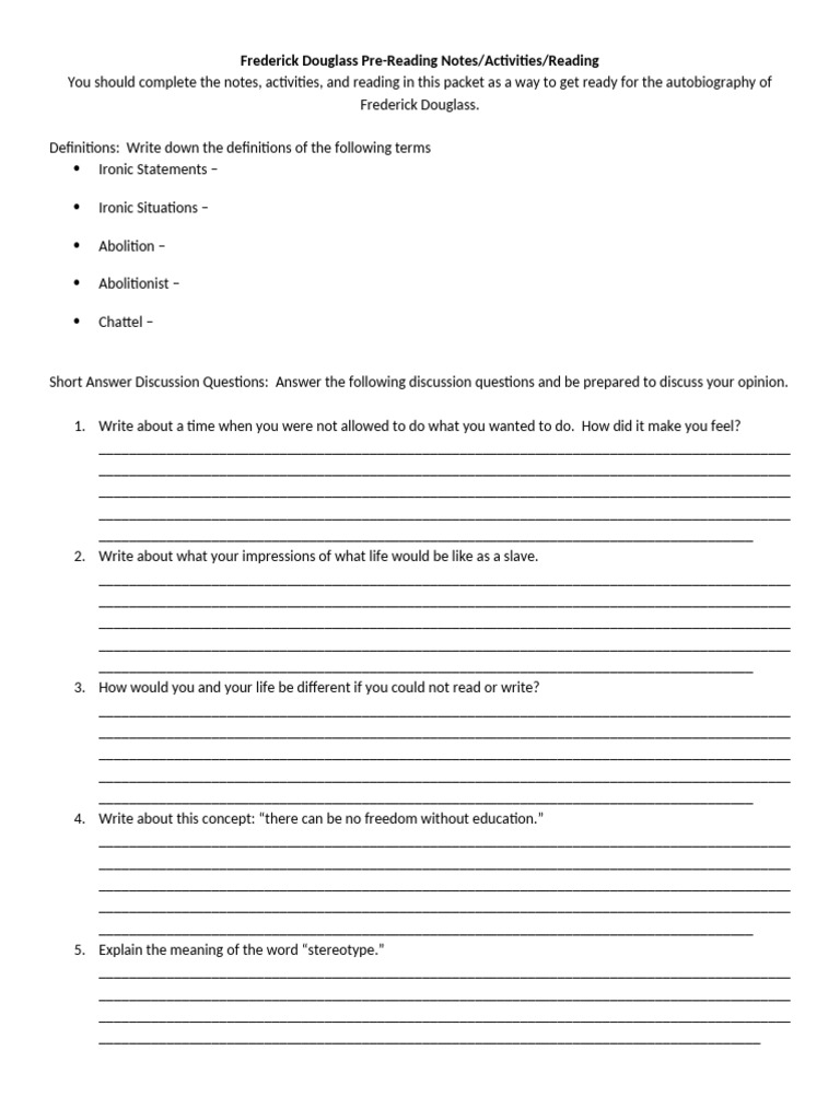 Frederick Douglass Pre-Reading Guide | PDF | Frederick Douglass ...