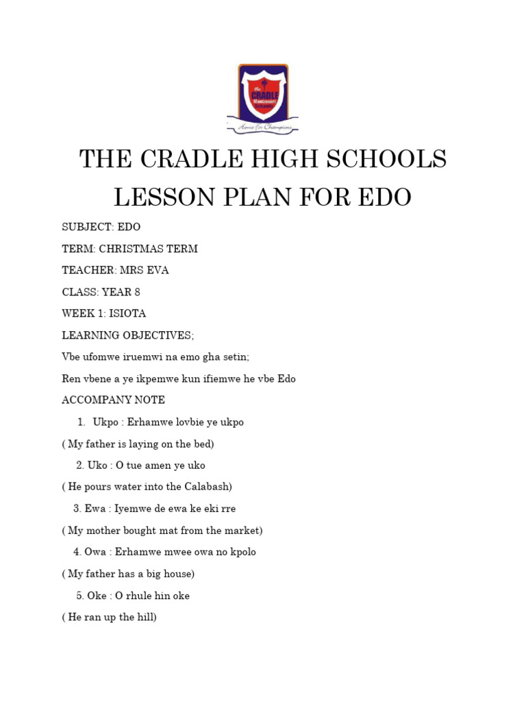 The Cradle High Schools Edo Complete Lesson Plan Christmas Term | PDF