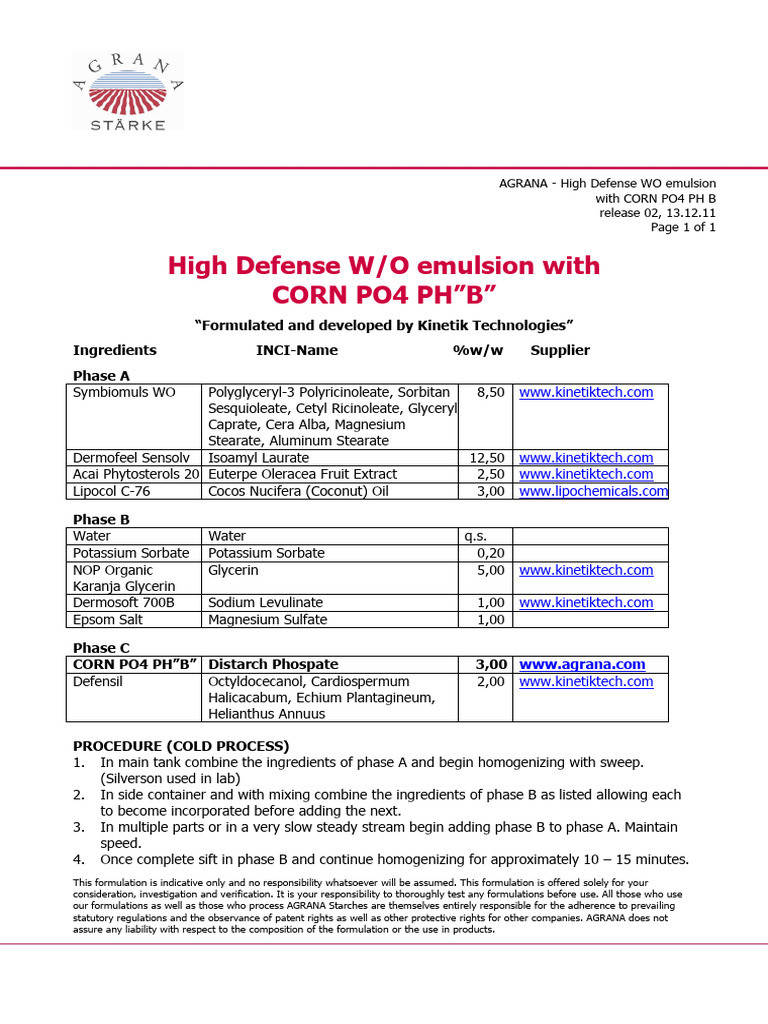 AGRANA - High Defense WO Emulsion With CORN PO4 PH B | PDF | Chemical Substances | Chemical ...