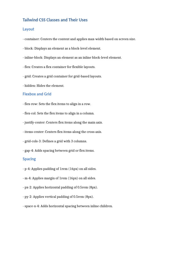 Tailwind CSS Classes and Their Uses | PDF | Design | Printing
