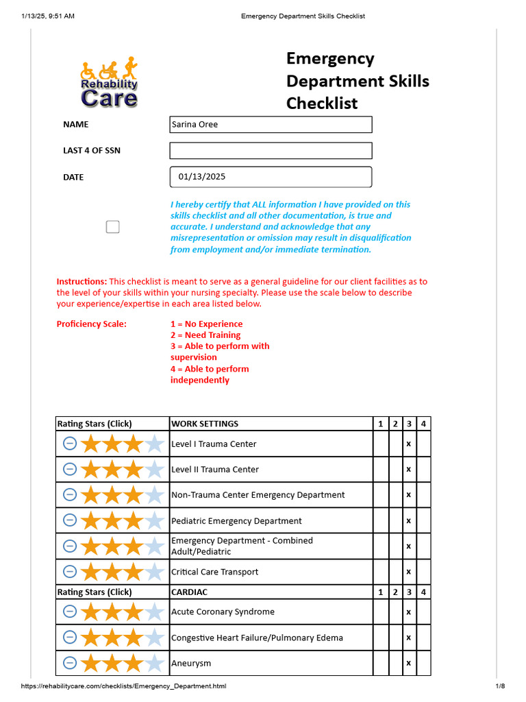 Emergency Department Skills Checklist | PDF | Shock (Circulatory ...
