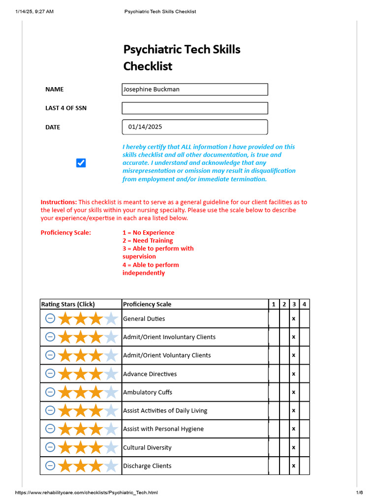 Psychiatric Tech Skills Checklist | PDF | Mental Disorder | Psychosis