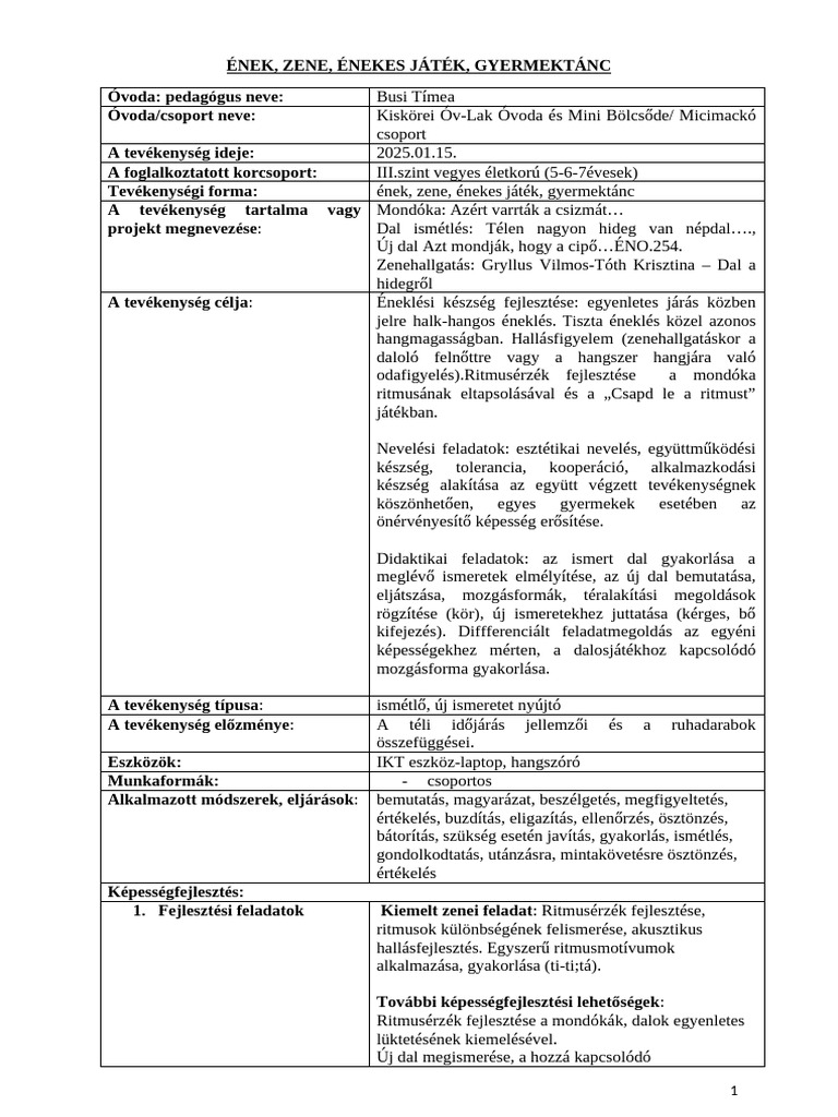 Busi Tímea Ének Zene Tervezet 2025 Január-Téli Öröm | PDF