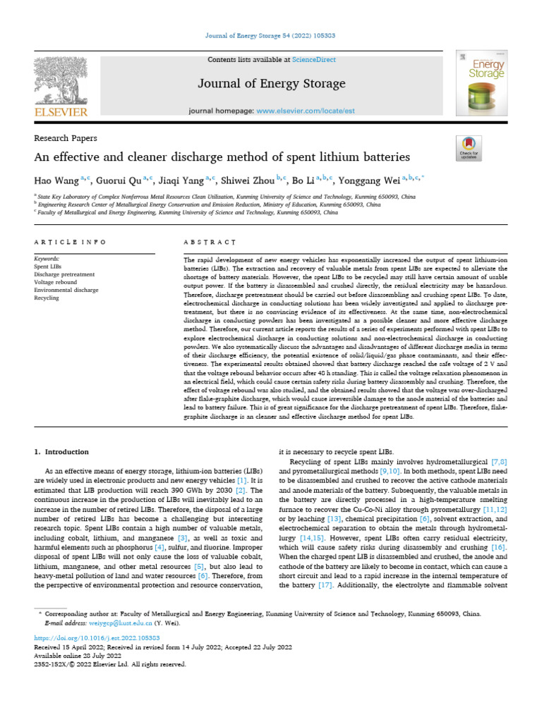 Cleaner Discharge Method for Spent LIBs | PDF | Electrochemistry ...