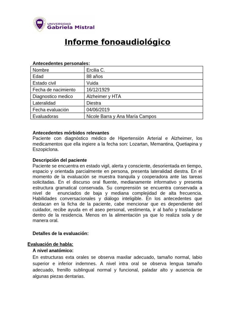 Informe Fonoaudiológico de Ercilia C. | PDF | Enfermedad de Alzheimer ...