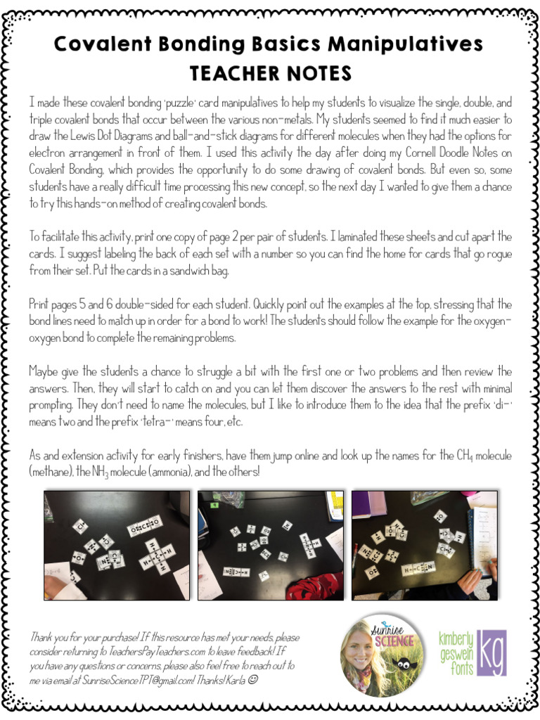 Covalent Bonding Manipulatives Guide | PDF | Chemical Bond | Valence ...