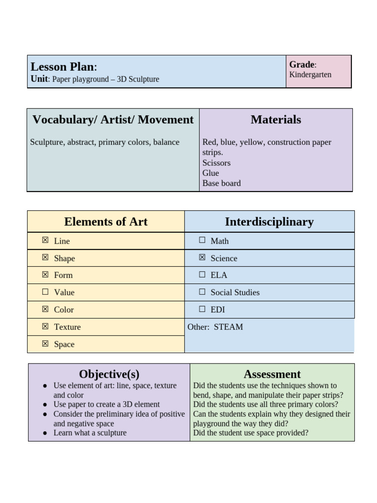 Paper Playground Lesson Plan - Kindergarten | PDF | Sculpture | Liberal ...