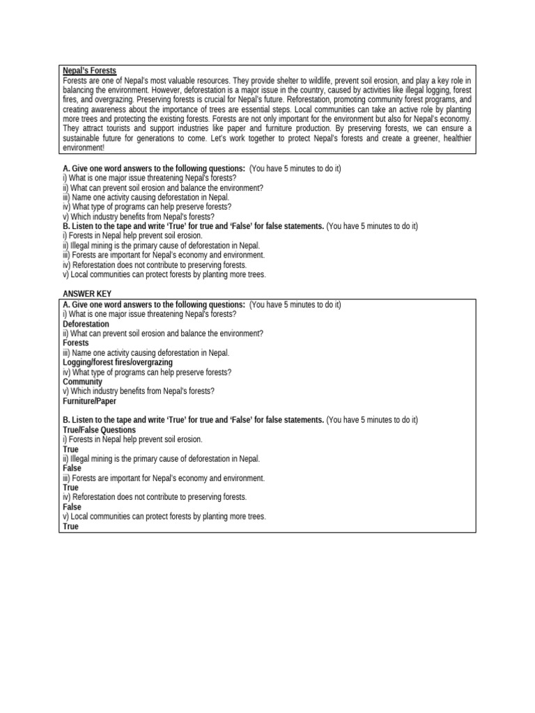 TEXT, QUESTIONS, ANSWERS | PDF | Forests | Deforestation