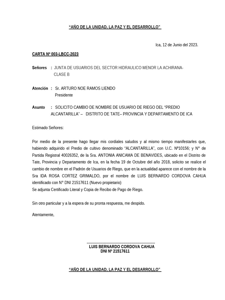 Solicito Cambio de Nombre de Usuario de Riego Del "Predio Alcantarilla" | PDF
