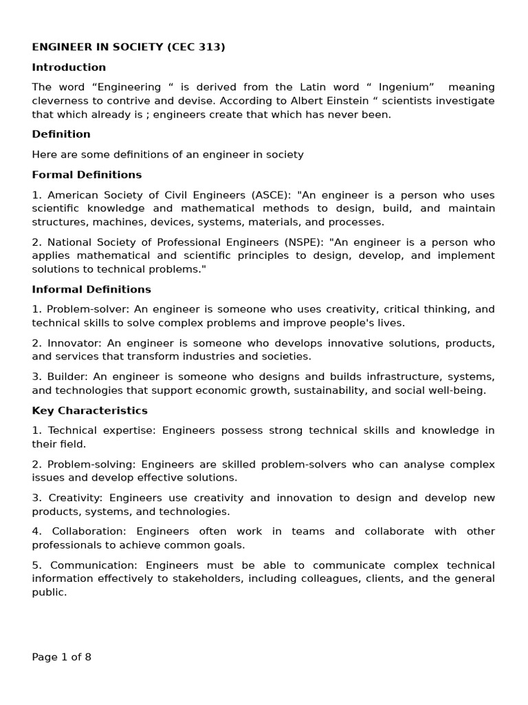 Engineer in Society (Cec 313) Lecture Note | PDF | Engineer | Engineering