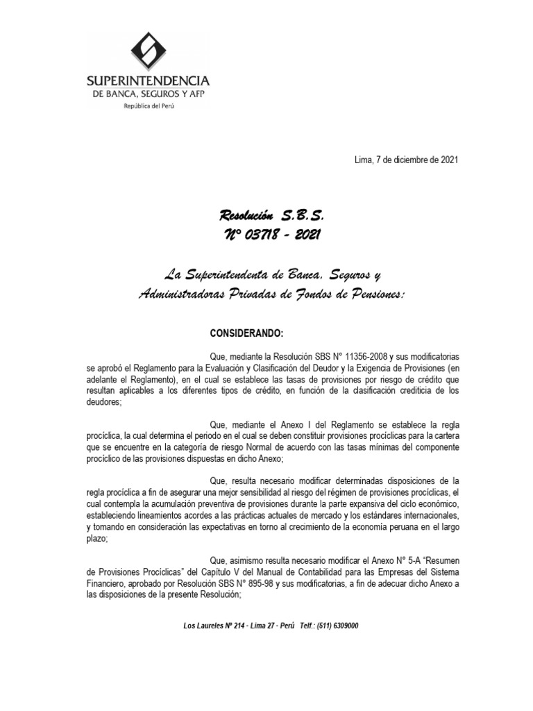 Resolución S.B.S. #03718 - 2021 La Superintendenta de Banca, Seguros y Administradoras Privadas ...