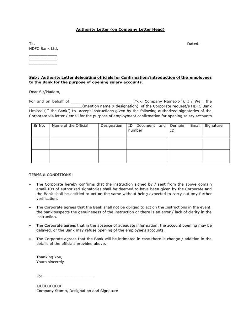 HDFC Bank Authority Letter Template | PDF
