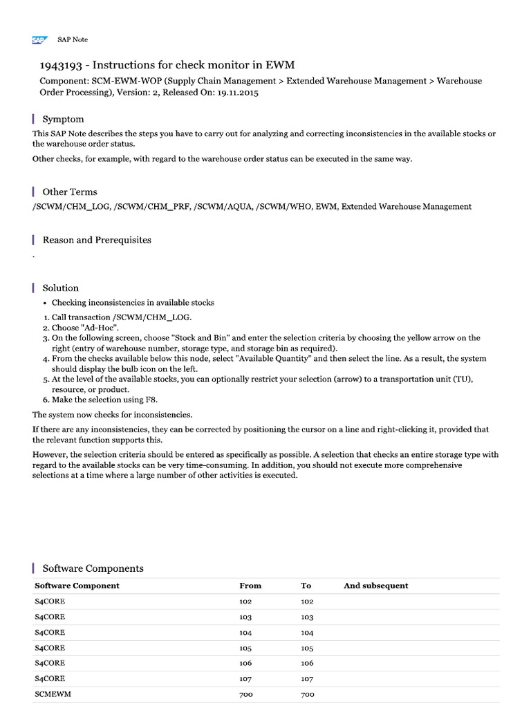 Note 1943193 - Instructions For Check Monitor in EWM | PDF