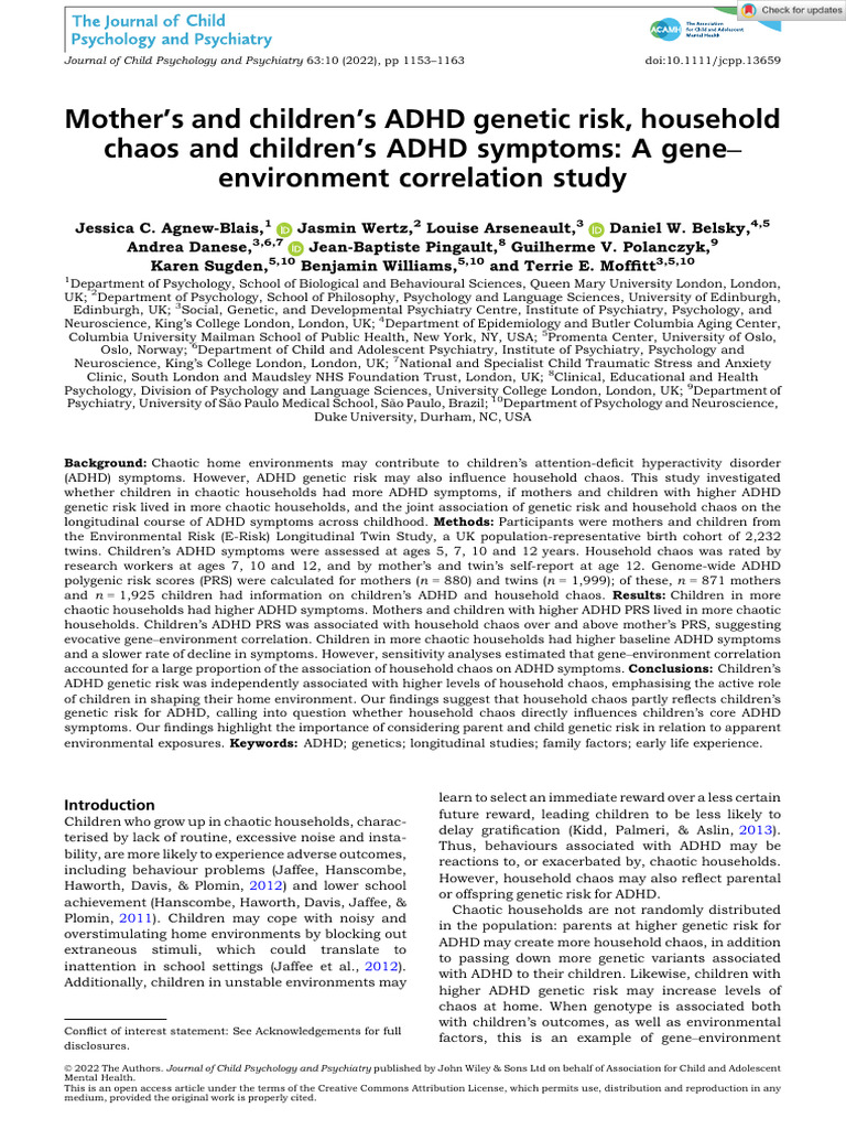 Child Psychology Psychiatry - 2022 - Agnew Blais - Mother S and Children S ADHD Genetic Risk ...