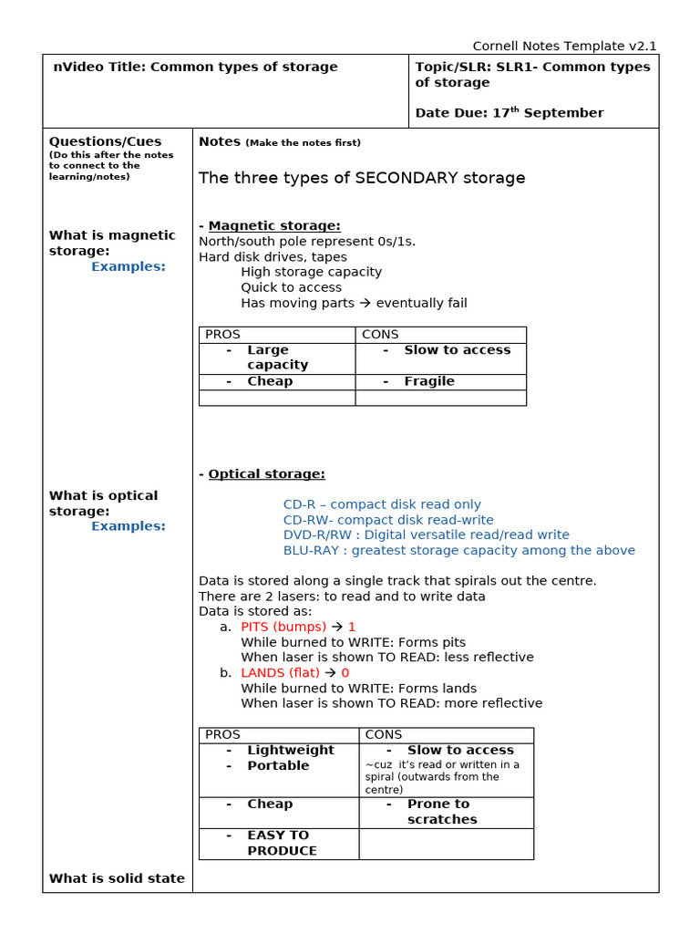 SLR1 - Notes - Common Types of Storage | PDF | Computer Data Storage ...