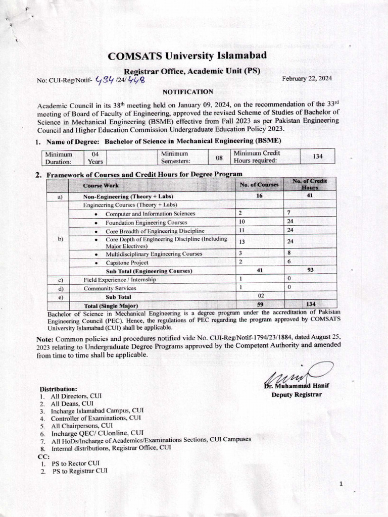 Notification 434 Revised Scheme of Studies of BSME (1) | PDF