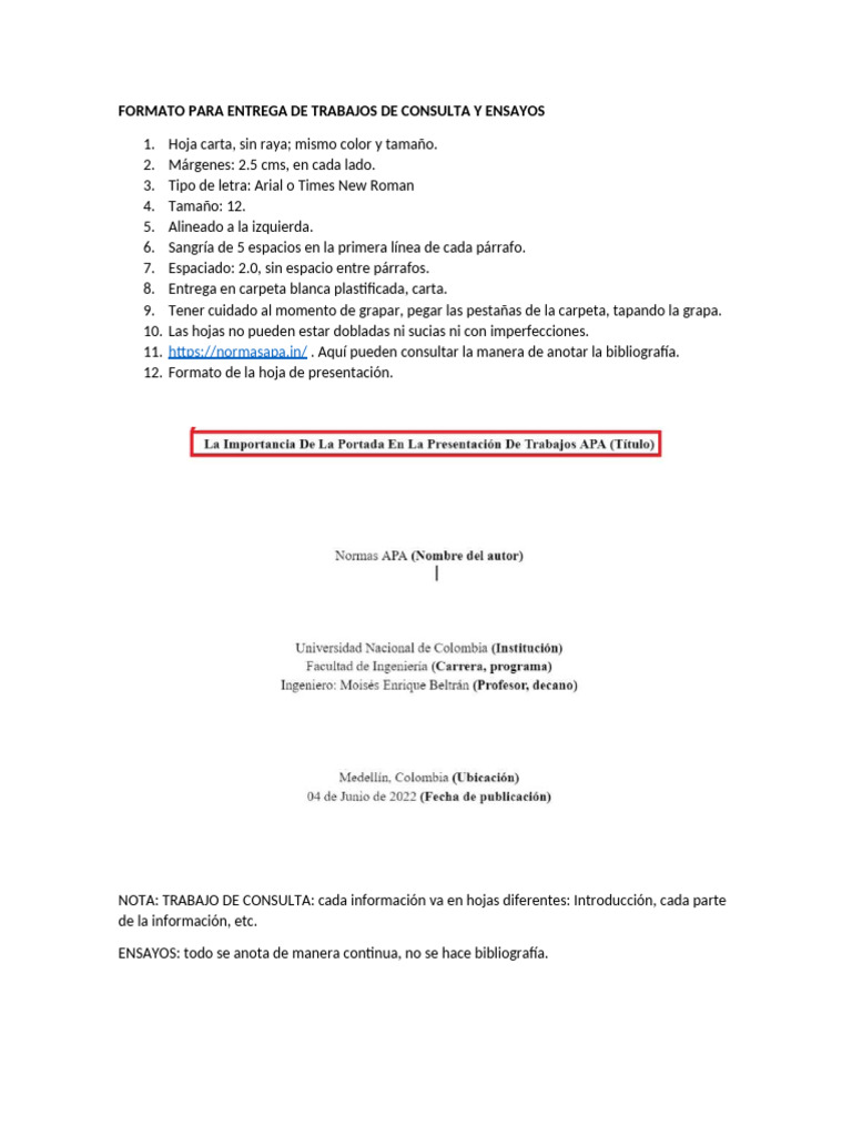 Formato para Entrega de Trabajos de Consulta y Ensayos - Exposiciones | PDF