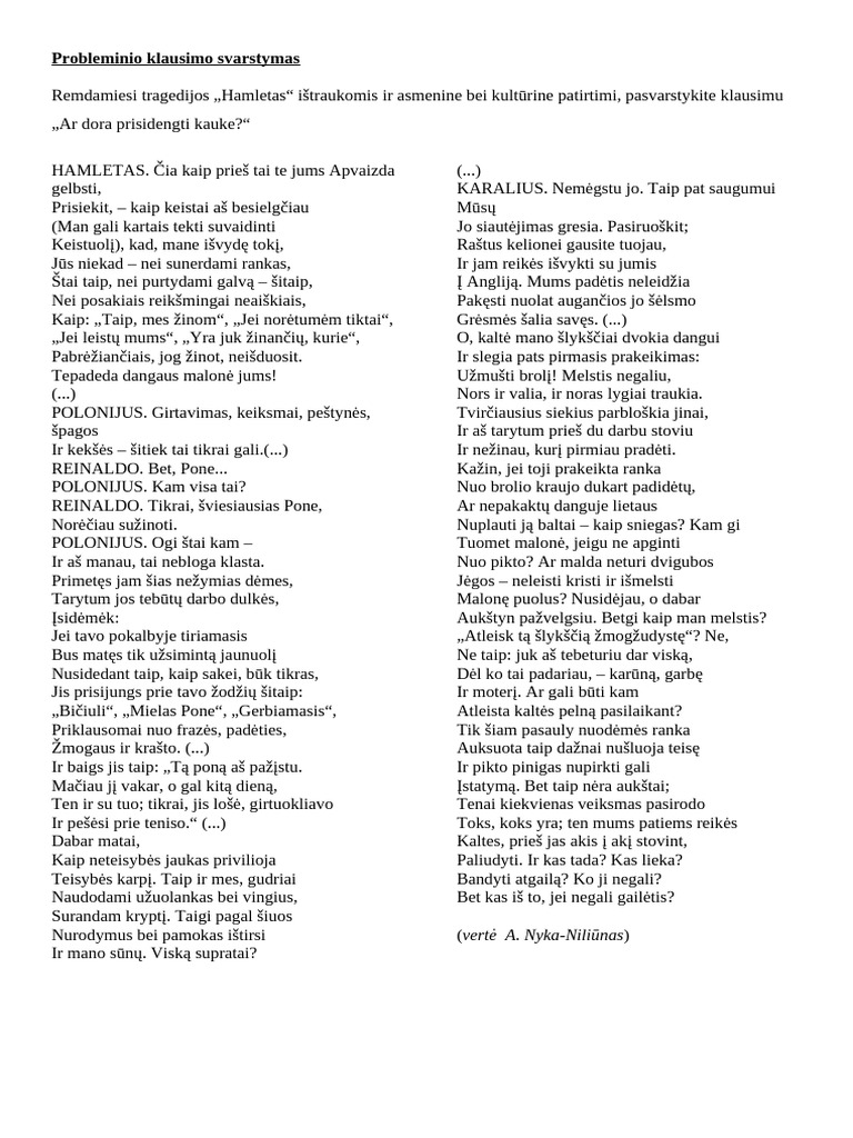 Probleminio Klausimo Svarstymas Hamletas | PDF